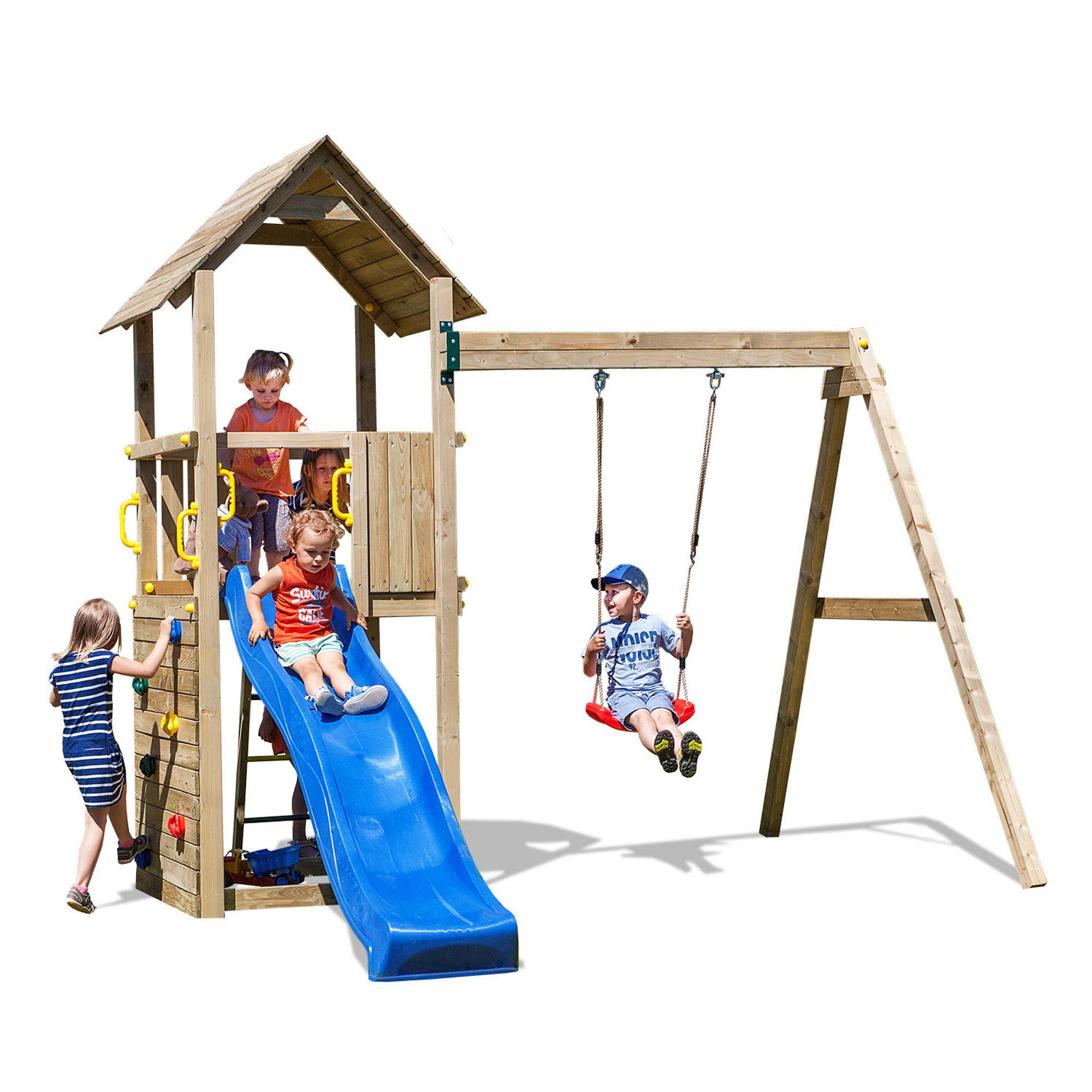 Plac zabaw drewniany ogrodowy Carol 2 domek, zjeżdżalnia, huśtawka, ścianka, drabinka : Humbi.pl